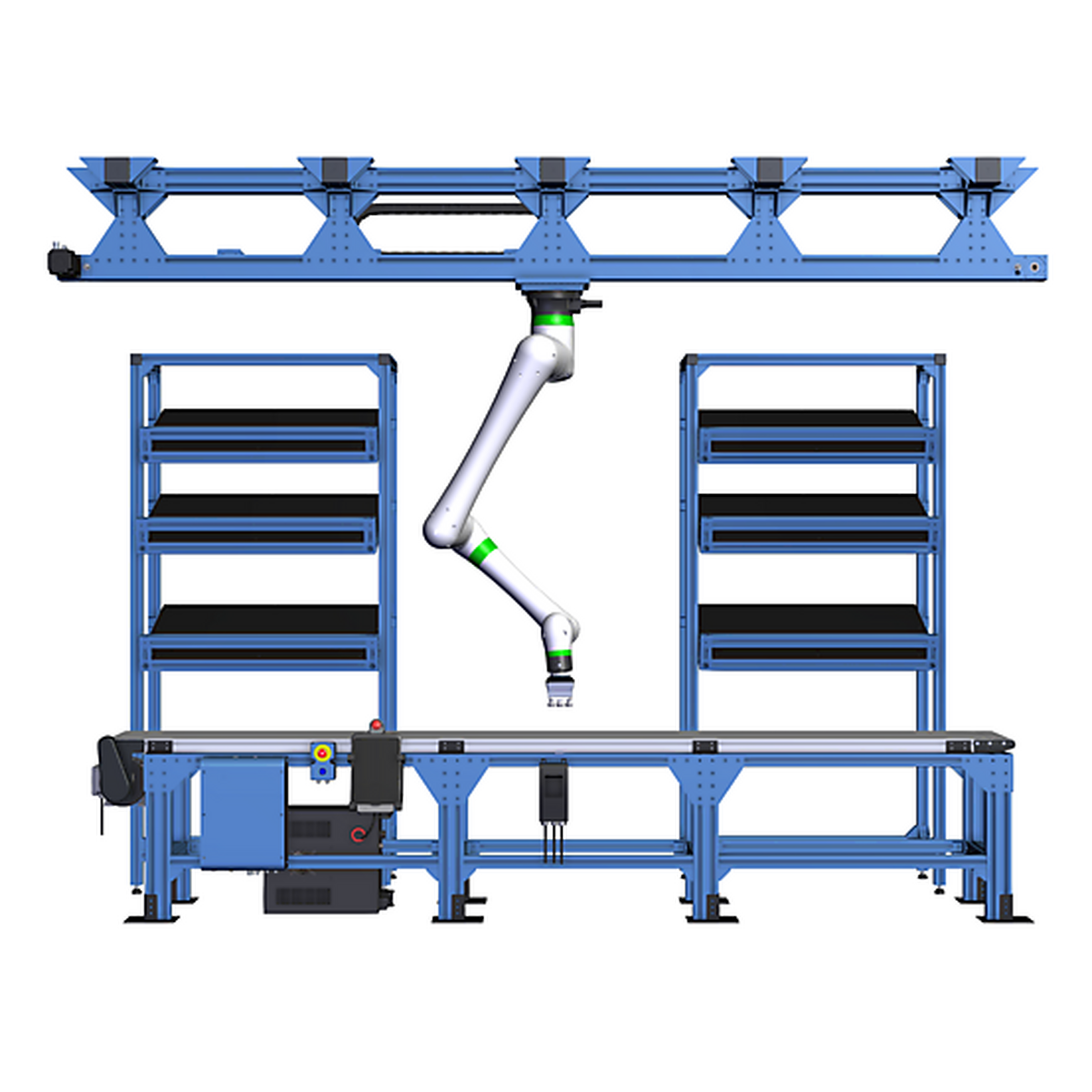 Overhead 7th Axis Cobot Cell with Fanuc CRX Cobot, Conveyor and…